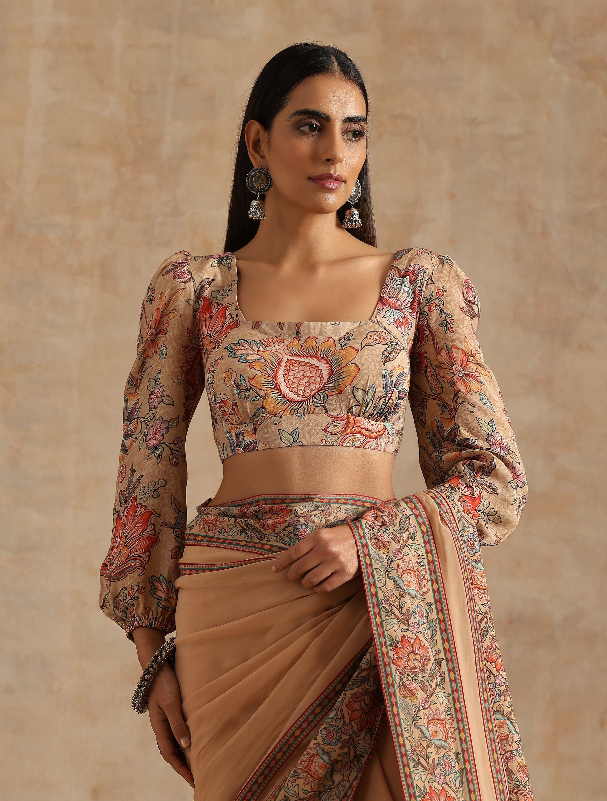 BADAMI PLAIN ORGANZA SAREE WITH PRINTED BORDER AND BLOUSE – SAMVRIH